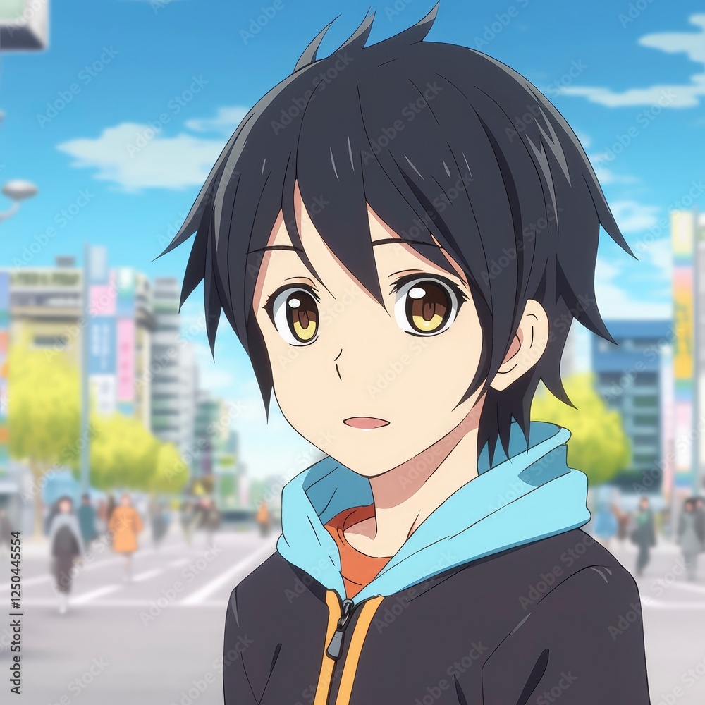 Young boy anime style character. Manga Anime Boy in colorful background ...