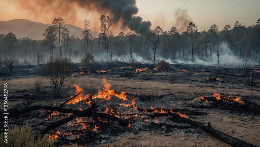 Stock-Foto „Forest Fire Aftermath with Smoke and Scorched Earth ...