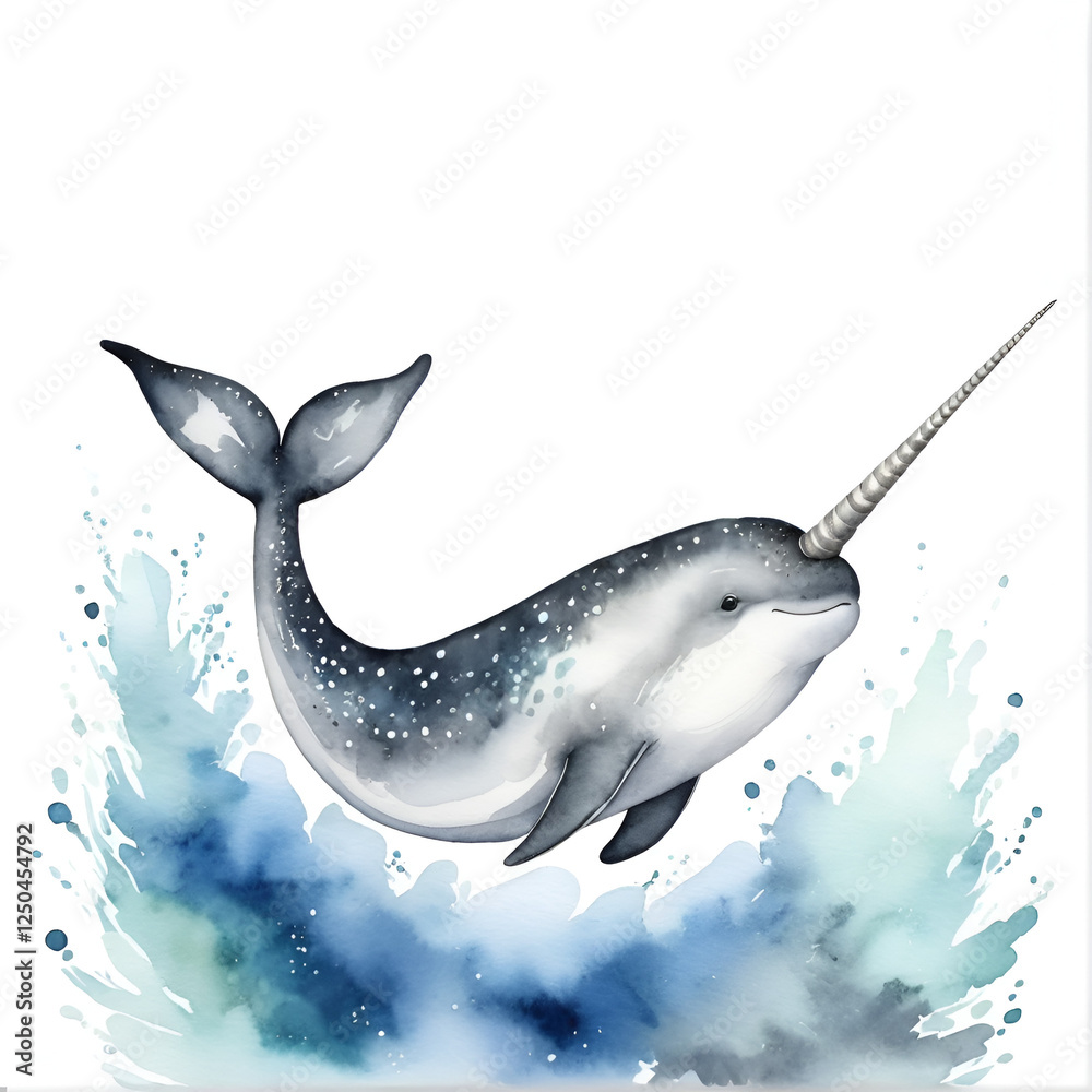 Watercolor illustration. Hand painted narwhal whale with long single ...