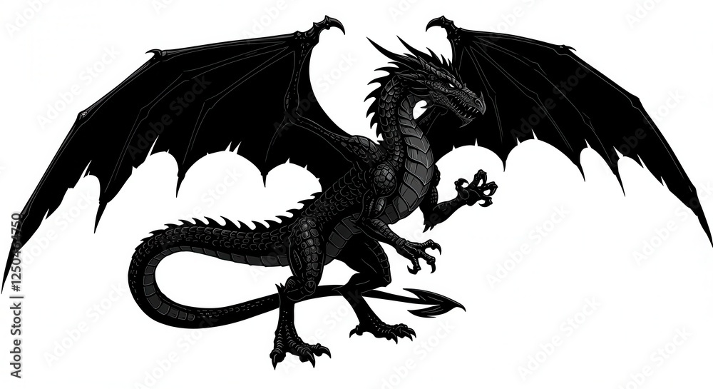 fantasy dragon silhouette, black and white illustration, strong ...