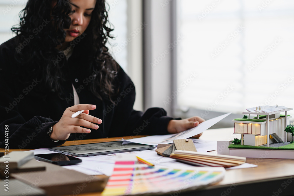 Architect uses tablet while reviewing interior drawing and material ...