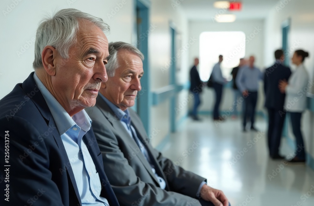 Older men are sitting in line at the clinic looking sad. Doctor's ...