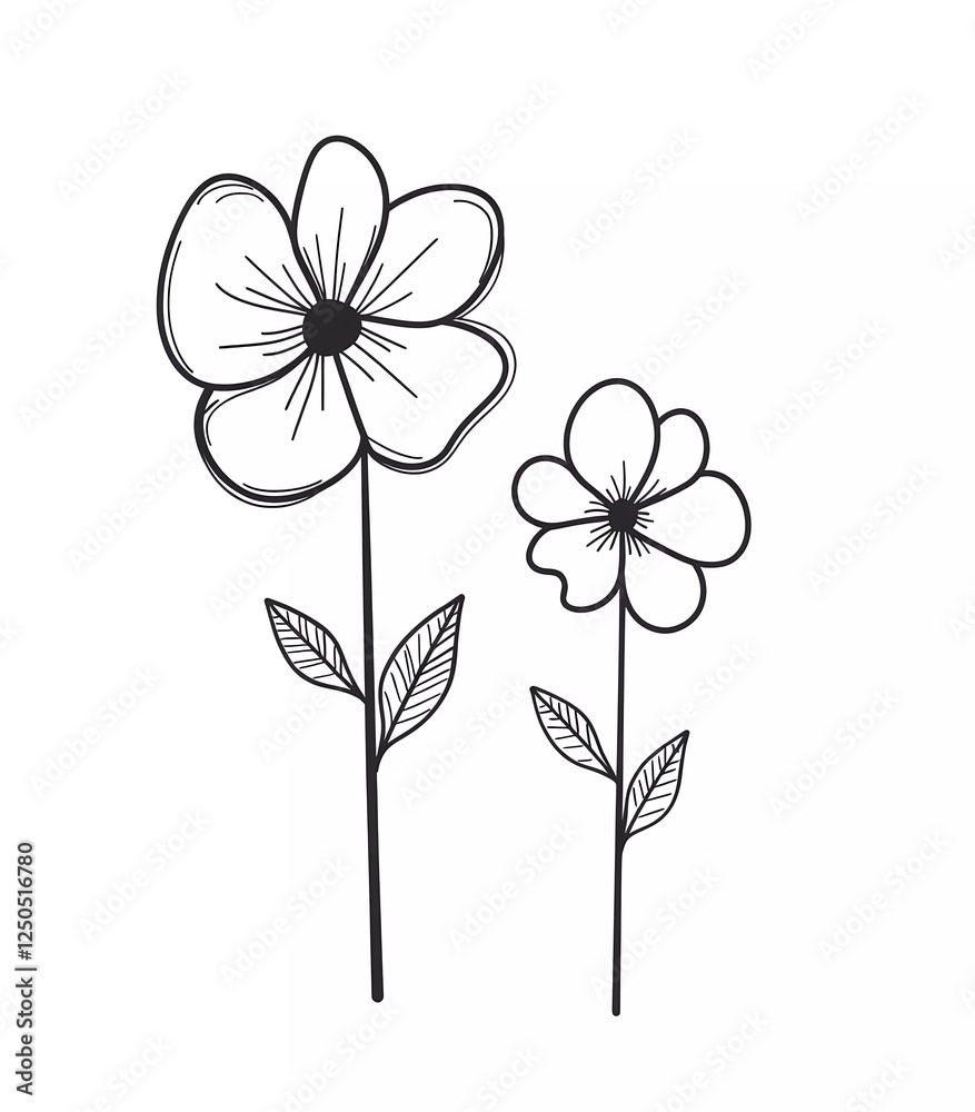 Black and white simple cartoon vector drawing of two flowers, clip art ...