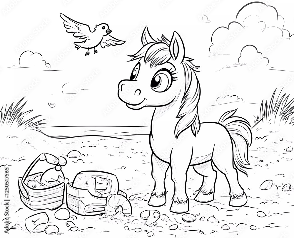 Coloring page for kids, a cute cartoon horse playing on the beach with ...