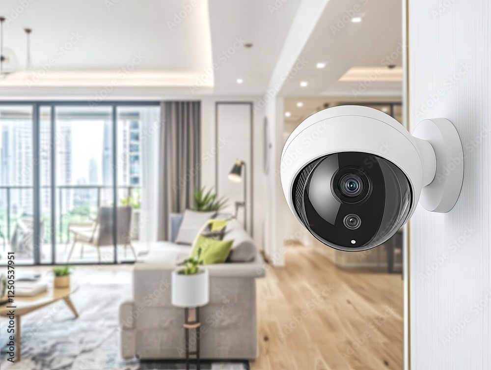 Home security camera overseeing a modern living room interior setting ...