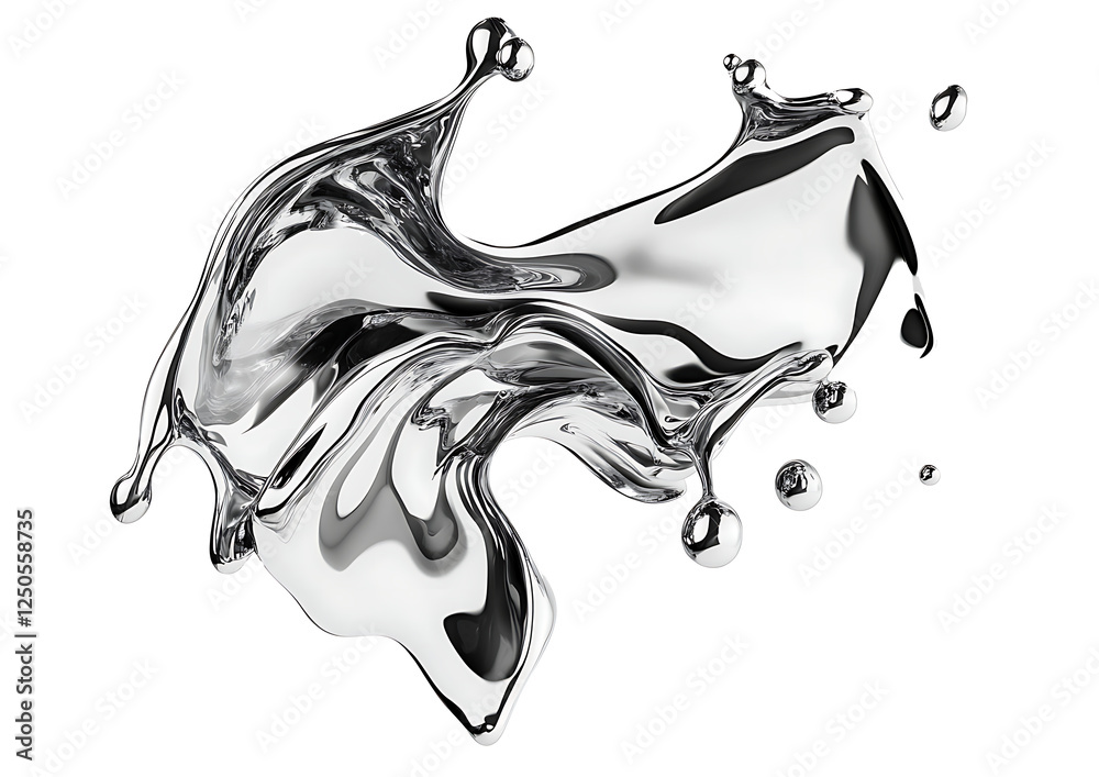3D render of fluid chrome liquid shapes isolated on white background ...