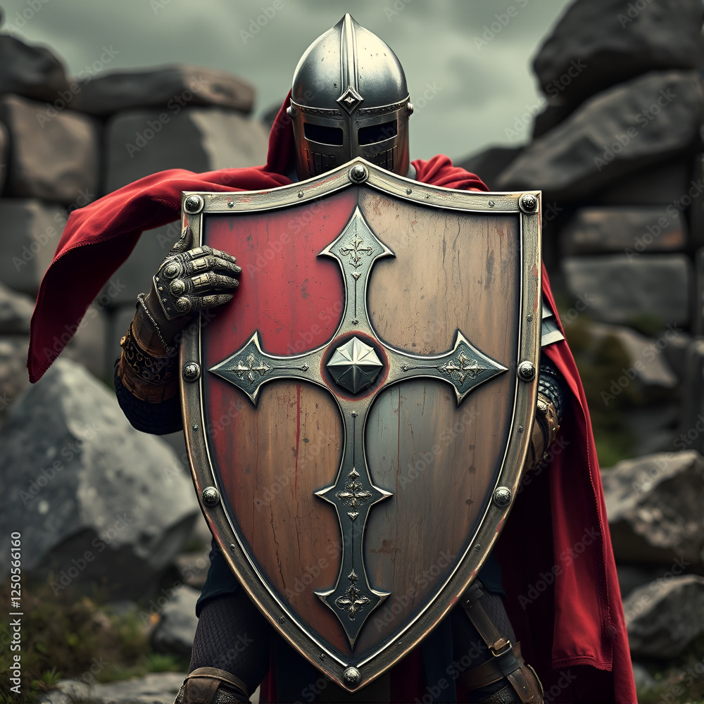 Valiant crusader, warrior shield of faith and protection in medieval ...
