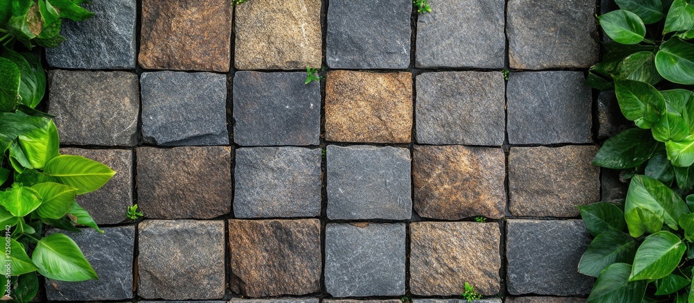Textured porphyry stone pavement with green foliage creating a natural ...