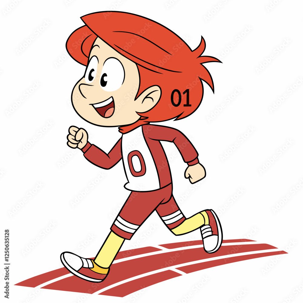 Enthusiastic cartoon boy competing in a race with joy and determination ...