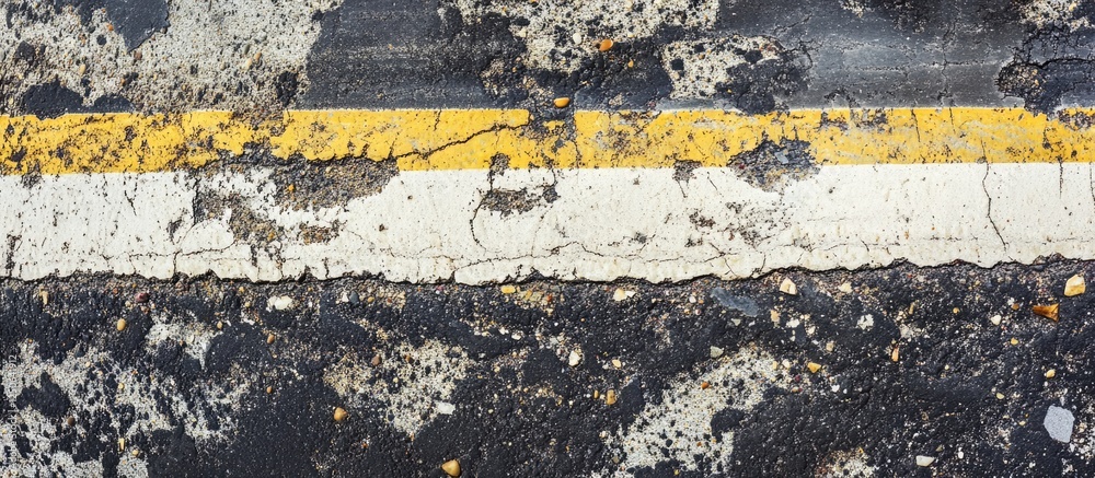 Worn road markings on aged asphalt surface showcasing distressed ...