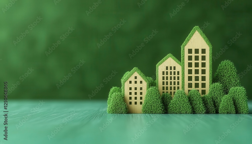 net zero sustainability goals. Urban skyline with green roofs and ...