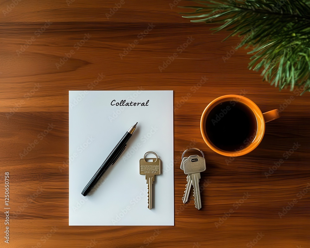 property loan purchase collateral. Flat lay of loan documents, house ...