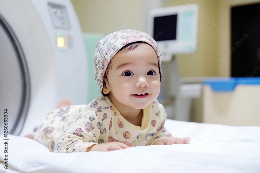 Toddler near MRI scanner, representing pediatric care and modern ...