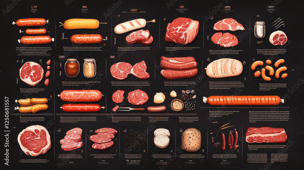 Meat and sausage food vector infographics. Chalk graphs and charts with ...
