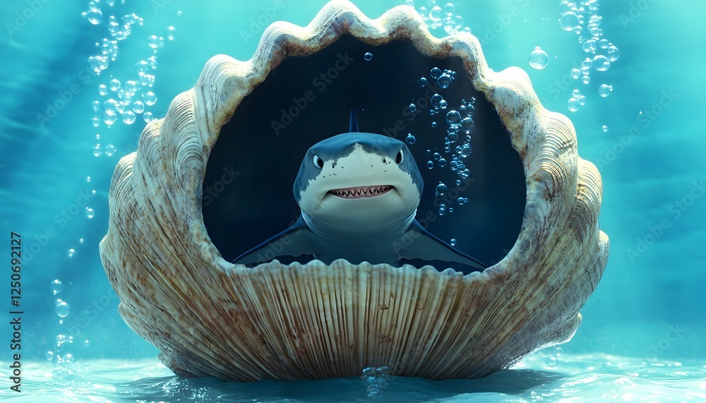 Great White Shark Hiding Inside Giant Clam Shell Stock Illustration ...