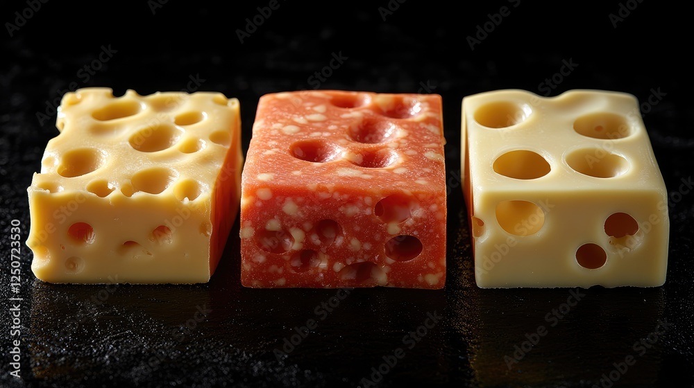 Three types of cheese on a black background: on the left, a cluster of ...