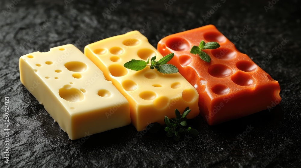 Three types of cheese on a black background: on the left, a cluster of ...