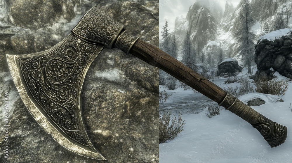 Ilustración de Stock Viking Nordic battle axe and Skyrim, magical ...