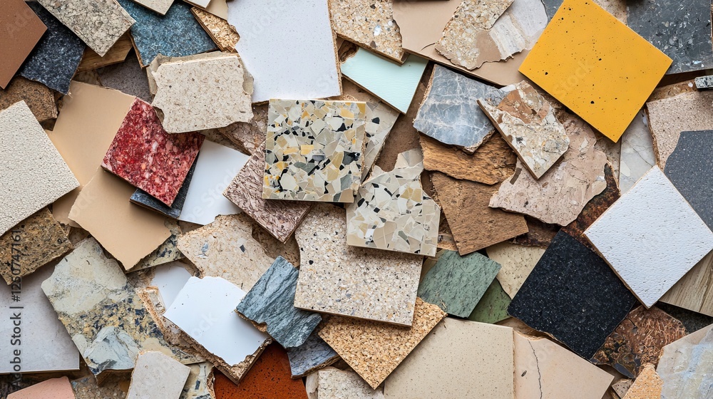 Top-down view of interior finishing material samples, including ...