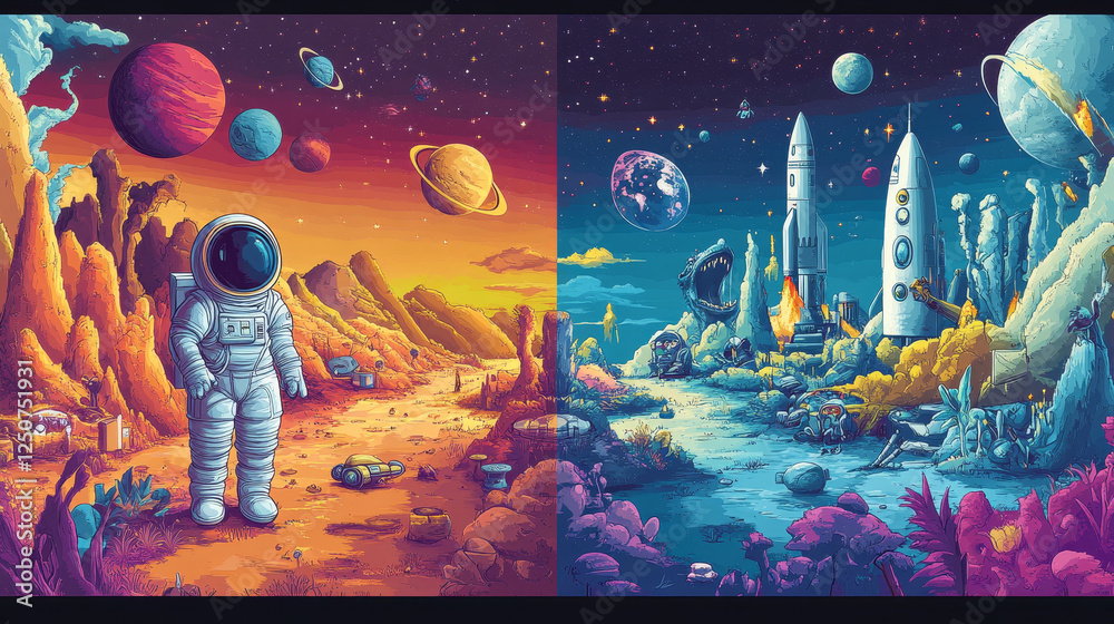 Find ten differences in solar system landscape with cartoon astronaut ...