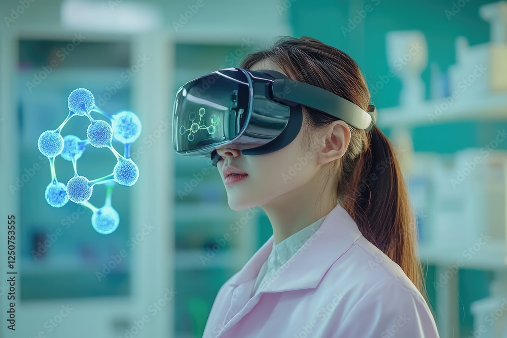 A female scientist uses VR technology to visualize and interact with a ...