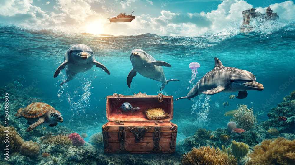 Cartoon underwater landscape banners with sea fishes and ocean animals ...