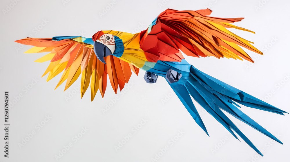 Colored origami parrot birds in flight with open beaks and long tails ...