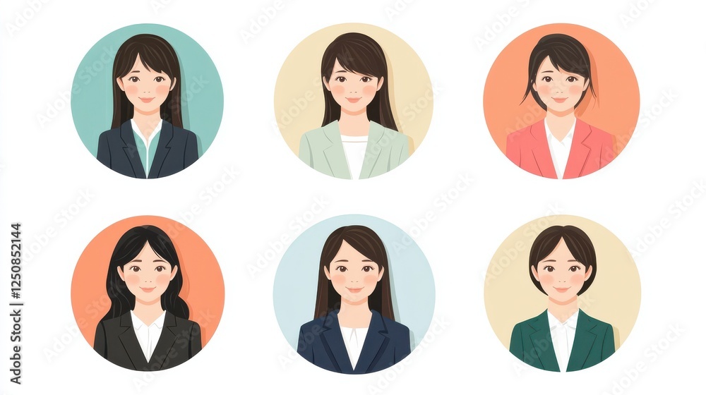 Set of six circular avatars illustrating Japanese women in professional ...