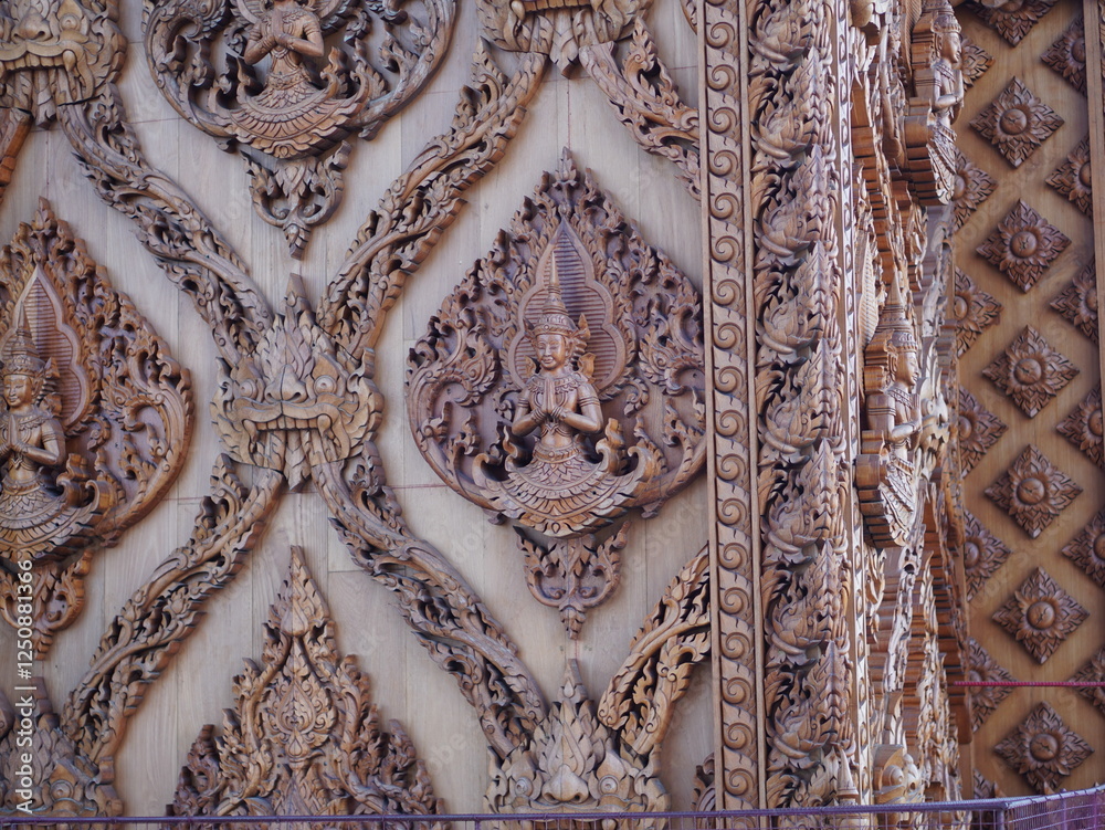 Intricate wood carvings at Wat Krok Krak, Samut Sakhon. Thai temple art ...