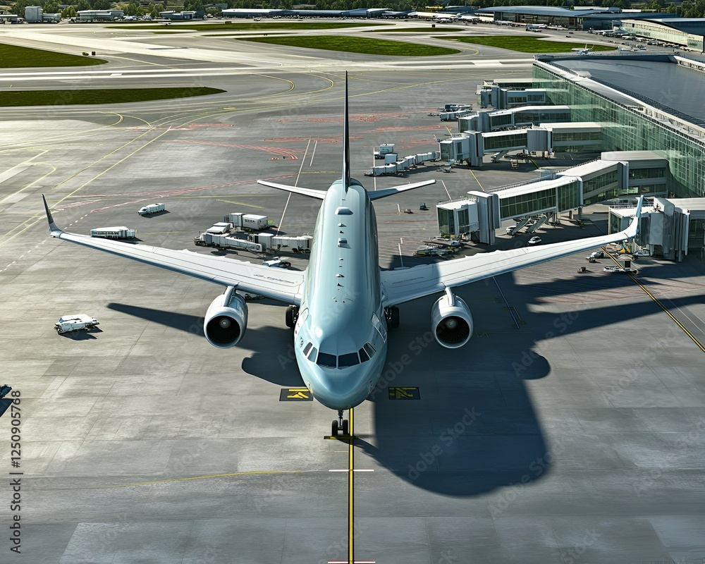 A clear, high-resolution 3D perspective of an airplane at an airport ...