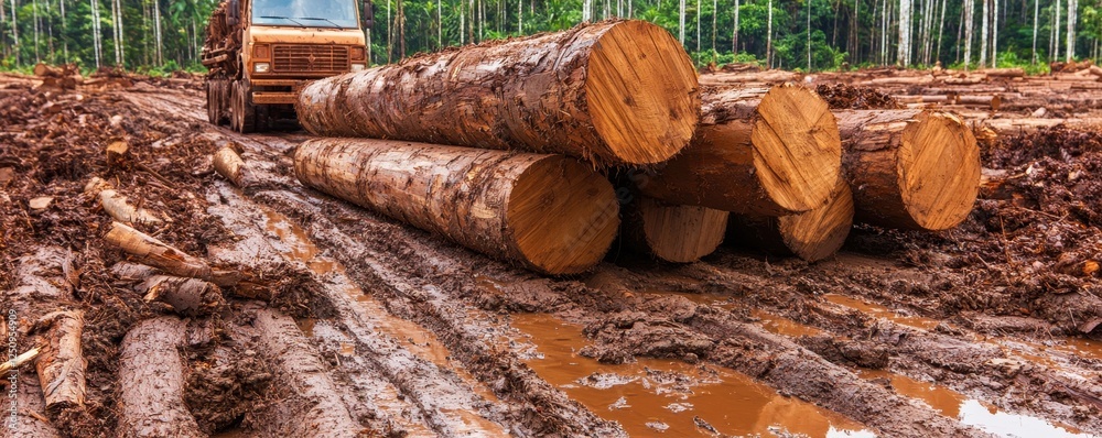 Logging Truck Hauling Timber Through Muddy Forest Road Deforestation ...