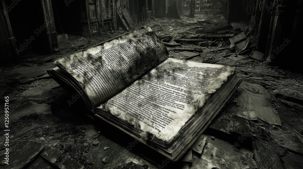 Burned book ruins; ash, debris, gothic architecture, history loss ...