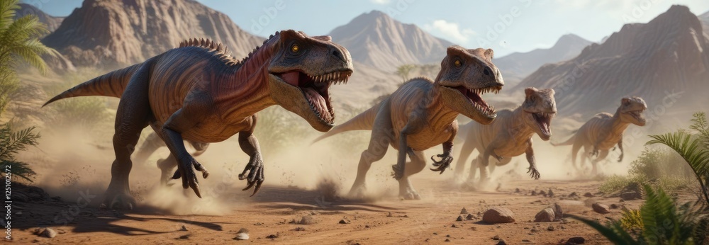 Allosaurus chasing after a herd of early ceratopsian dinosaurs ...