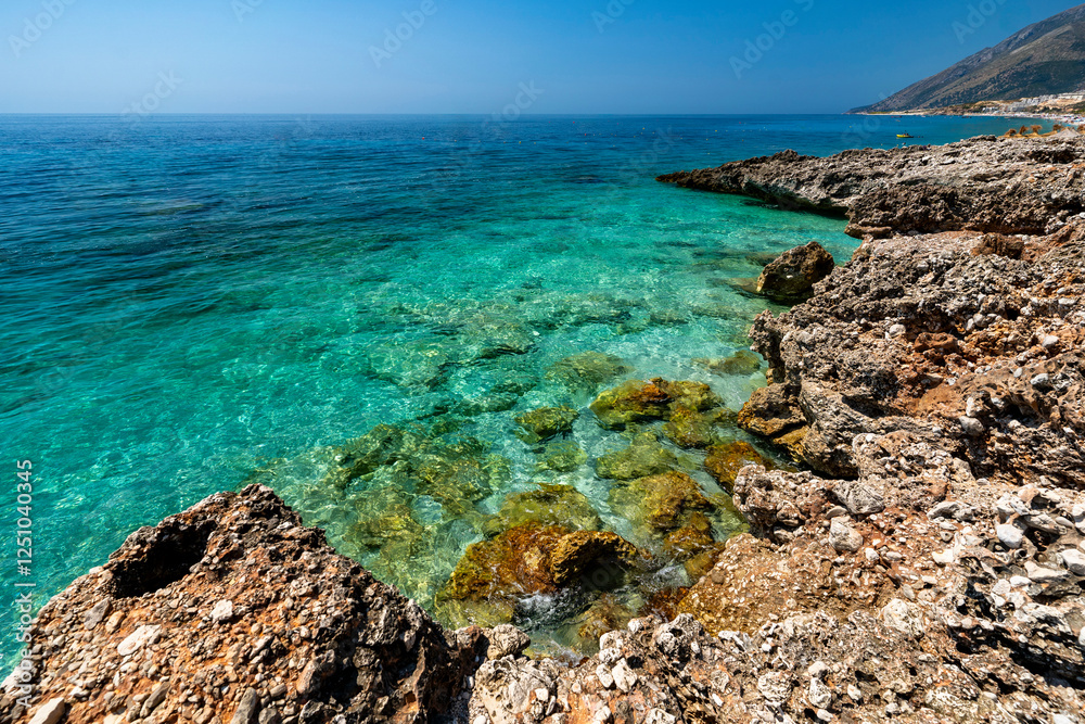 Albania, Vlorë County, Dhërmi - 14 August 2024 - Crystal clear water of ...