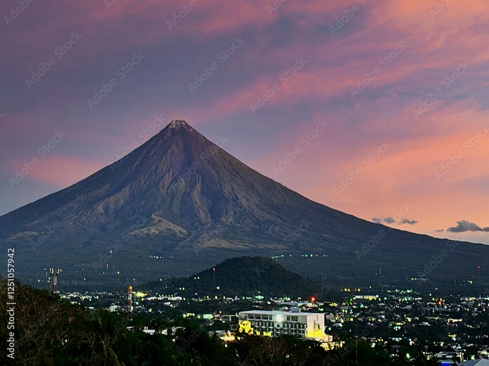 Beautiful and fresh air Mayon Volcano View with a green forest and blue ...