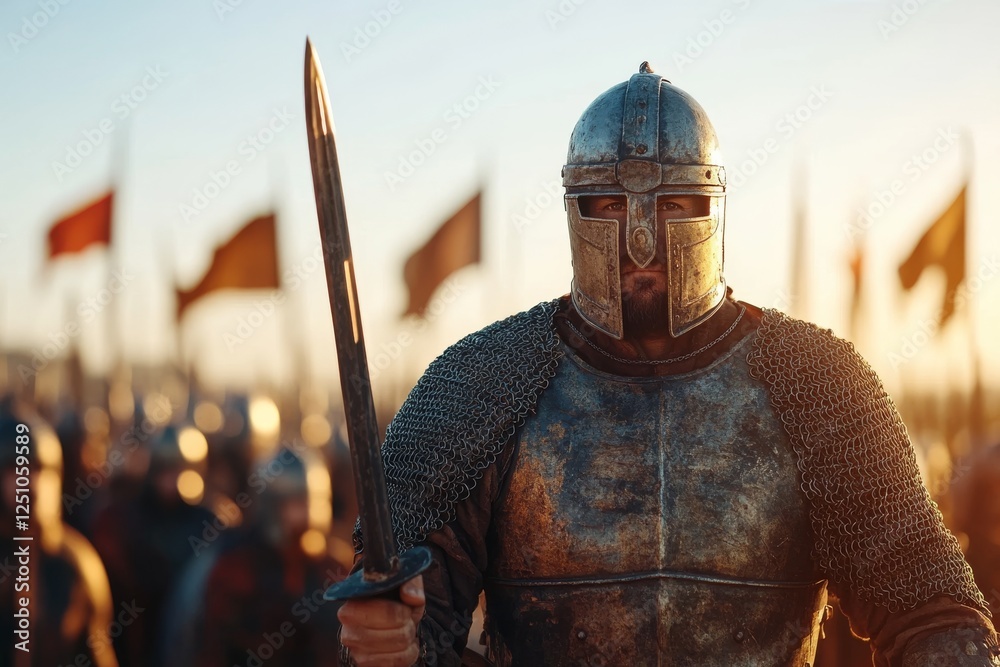 Historical reenactor dressed in armor stands ready for battle at ...