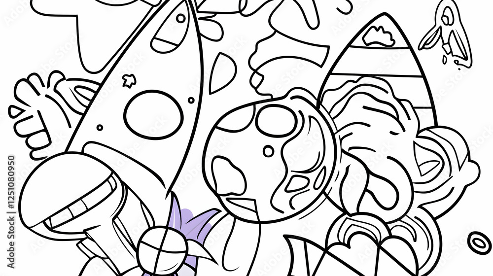 Coloring page with planets and creatures floating in space. Educational ...