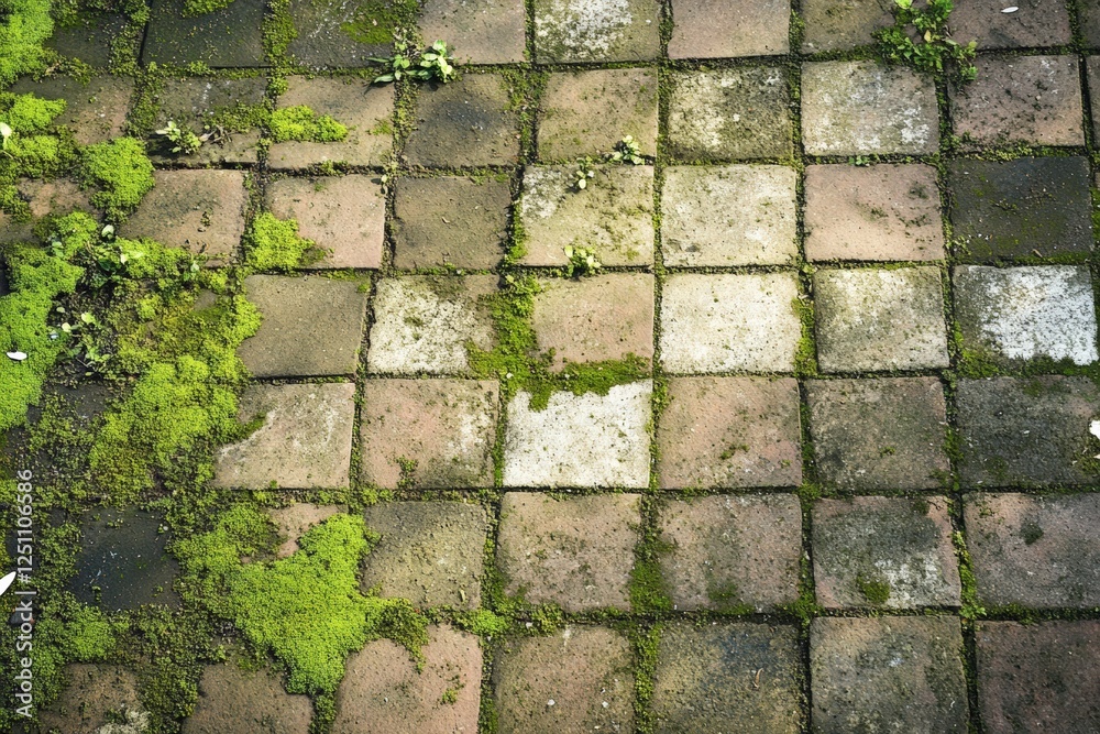 Moss and algae cover brick paved patio creating a natural green texture ...