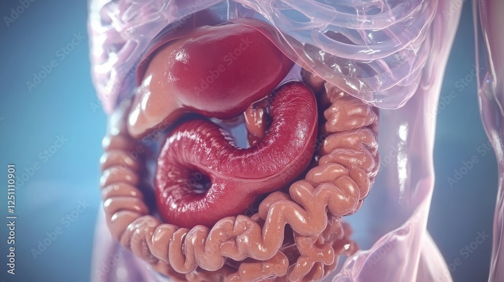Anatomical illustration of human organs, including the liver, kidneys ...