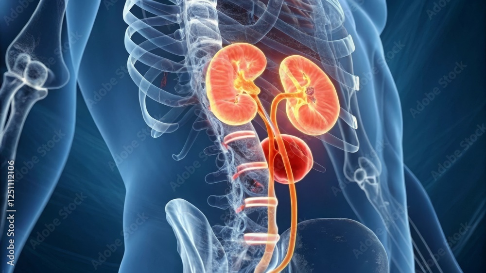 Anatomical illustration of human kidneys and spine, highlighting renal ...