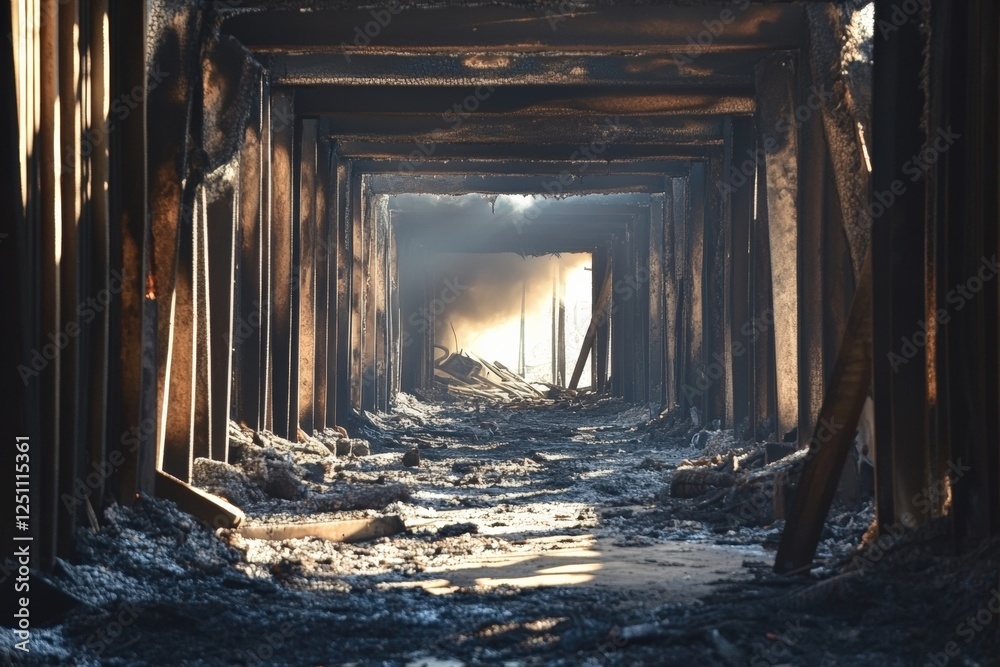 Scorched hallway reveals destruction from fire and decay in a once ...