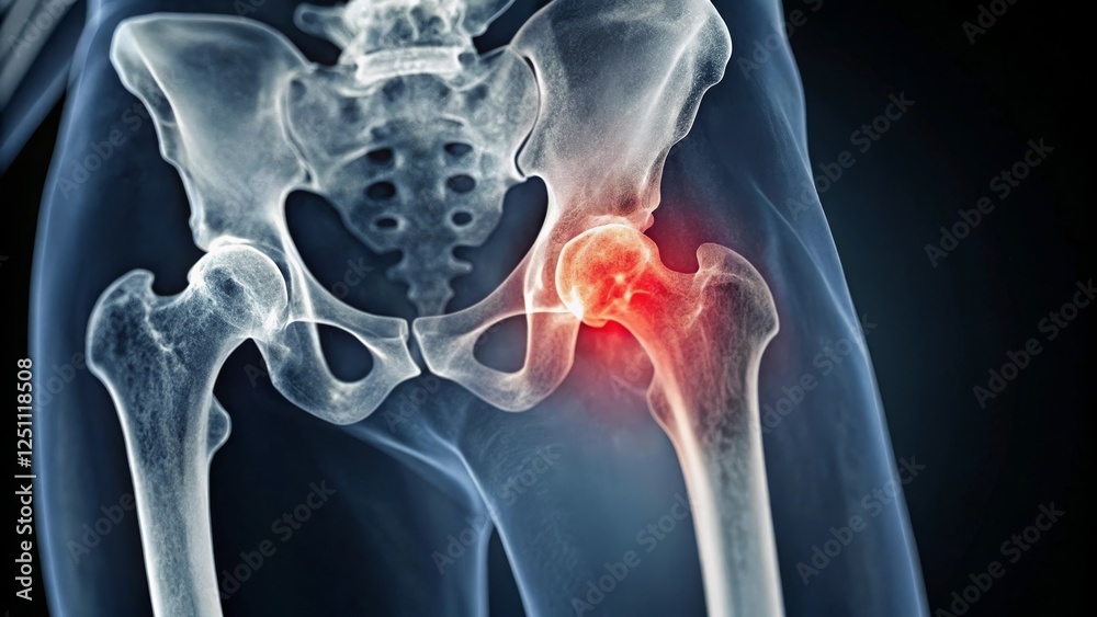 X-ray image showing a hip joint with highlighted inflammation. Stock ...