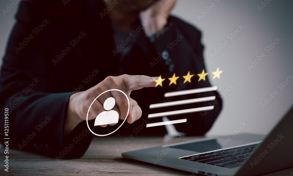 business professional confidently uses a mobile device to give a 5-star ...