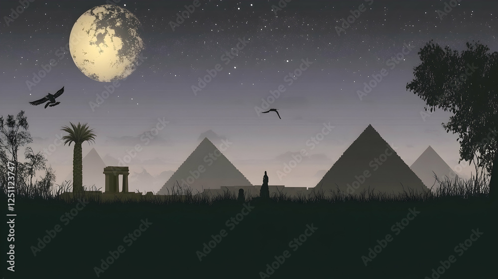 Egyptian pyramids at night under a full moon. Silhouettes of ancient ...