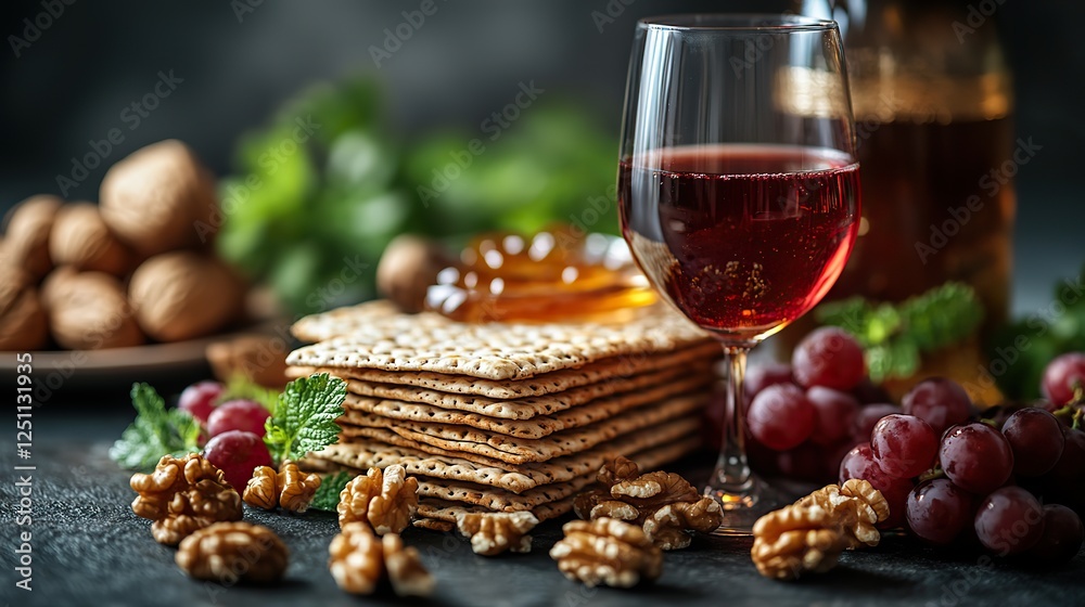 Matzah, red wine, walnuts, and honey dip arranged on a concrete surface ...
