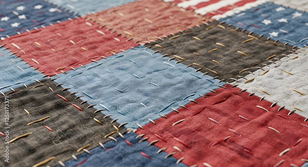 Abstract Americana quilt texture background. Patchwork squares of fabric with varied stitching ...