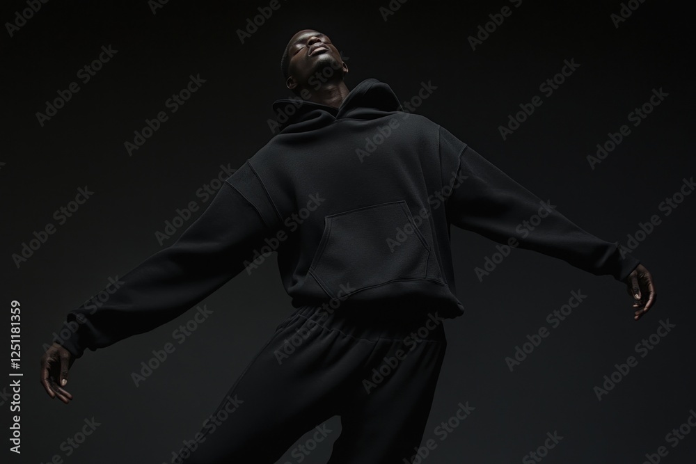 Skinny tall black male model displays an oversized hoodie and pants ...