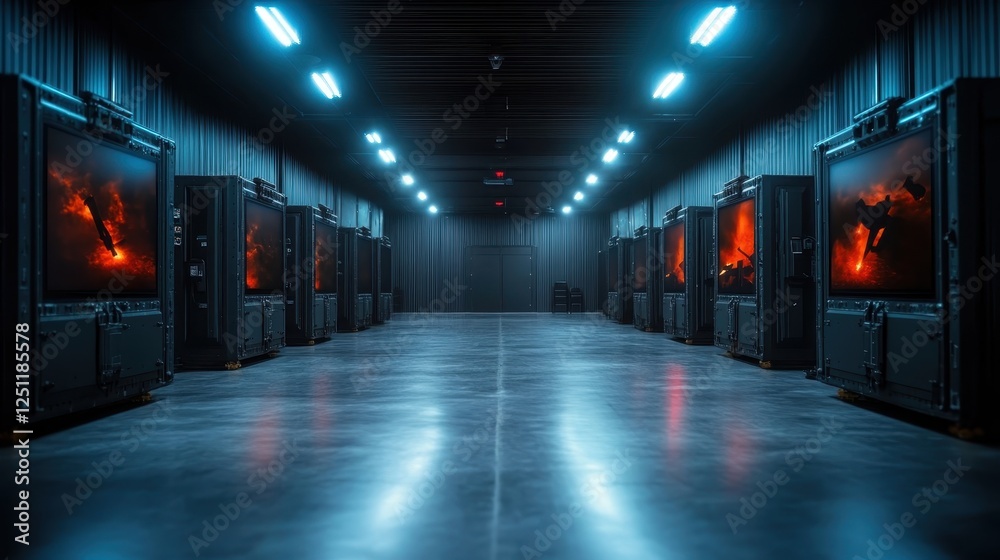 A modern corridor showcasing large screens that depict fiery scenes ...