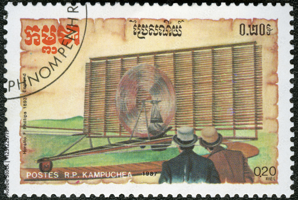 KAMPUCHEA - 1987: shows plane designed by Horatio Frederick Phillips, series Original Aircraft ...