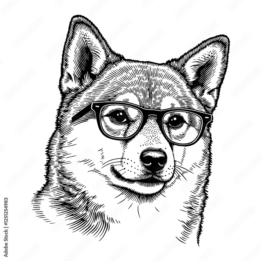 Shiba Inu Dog Wearing Glasses Detailed Black and White Outline Line Art ...